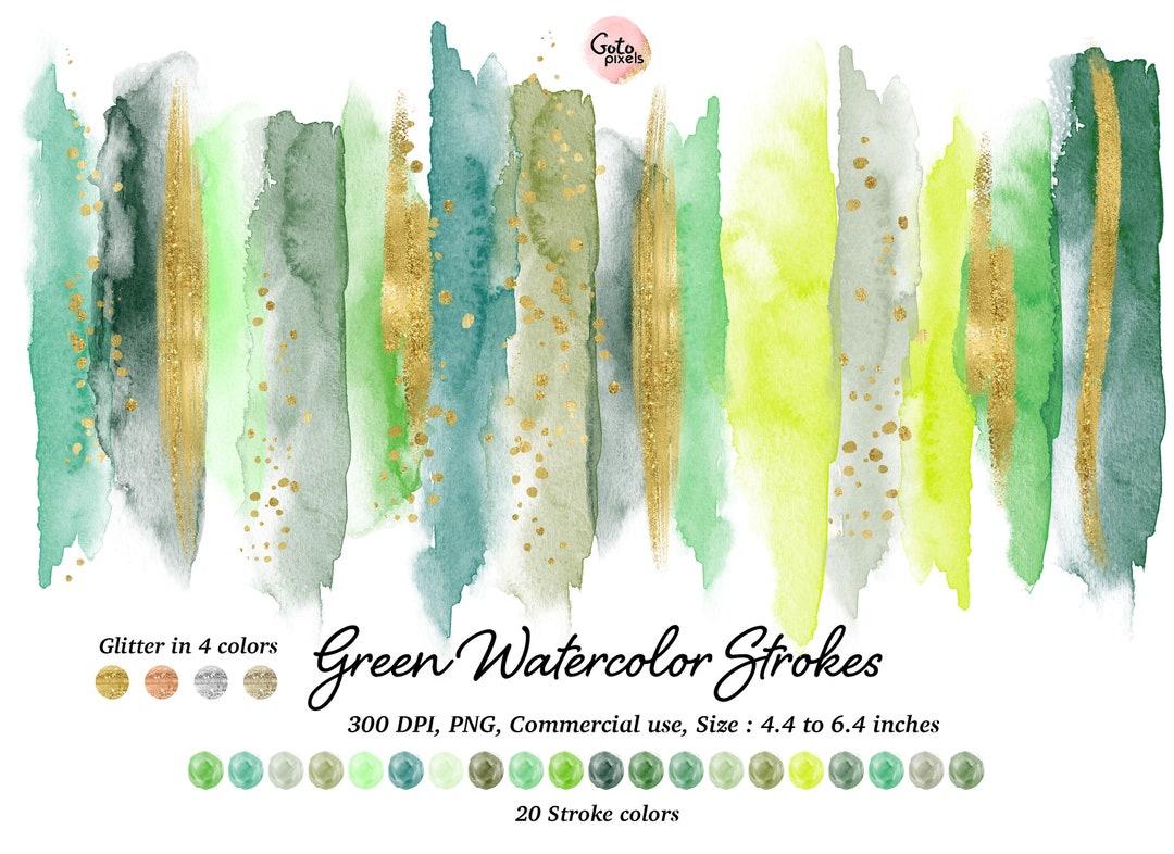 Green Watercolor Brush Strokes Clipart, Green and Gold Watercolor ...