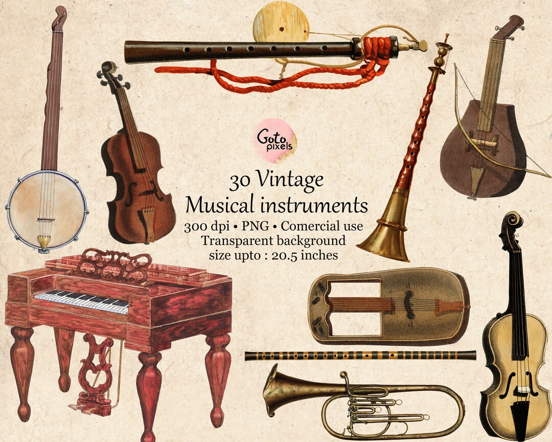 30 Vintage Musical Instruments Cliparts, Music Clipart PNG Piano ...
