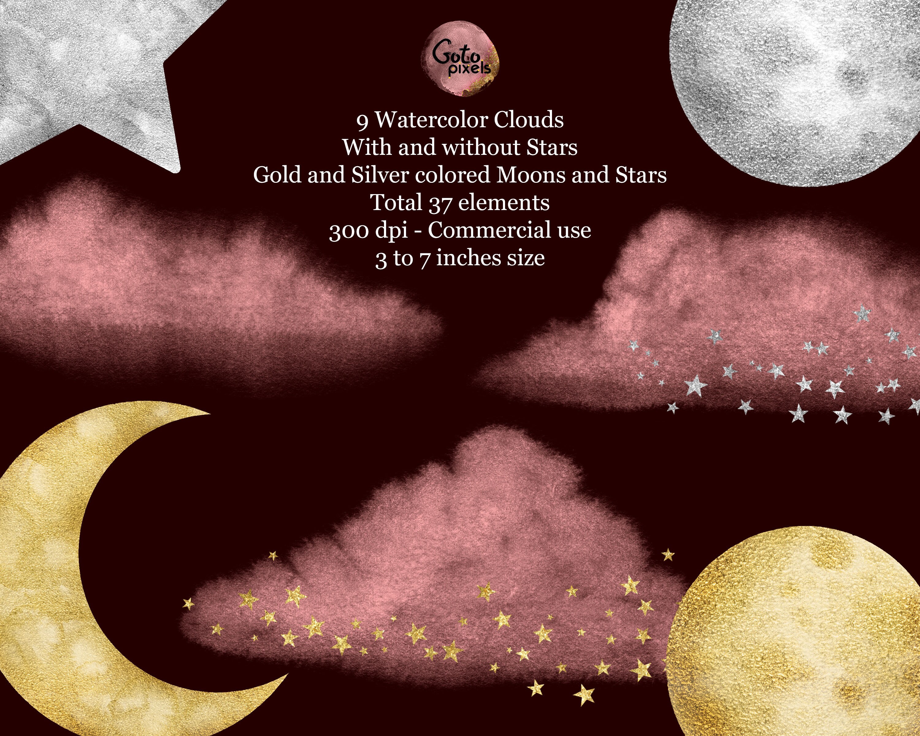 Pink Watercolor Clouds Clipart with Gold stars Glitter Clouds | Etsy