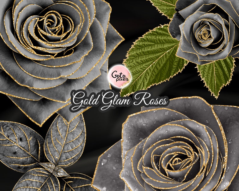 Black & Gold Glitter Rose Clip Art: PNG Embellishments (digital ...