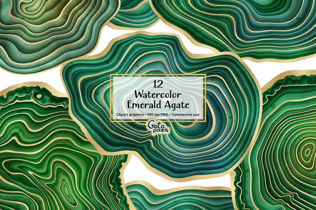 Emerald Agate Clipart, Watercolor Agate and Malachite Geode Digital ...