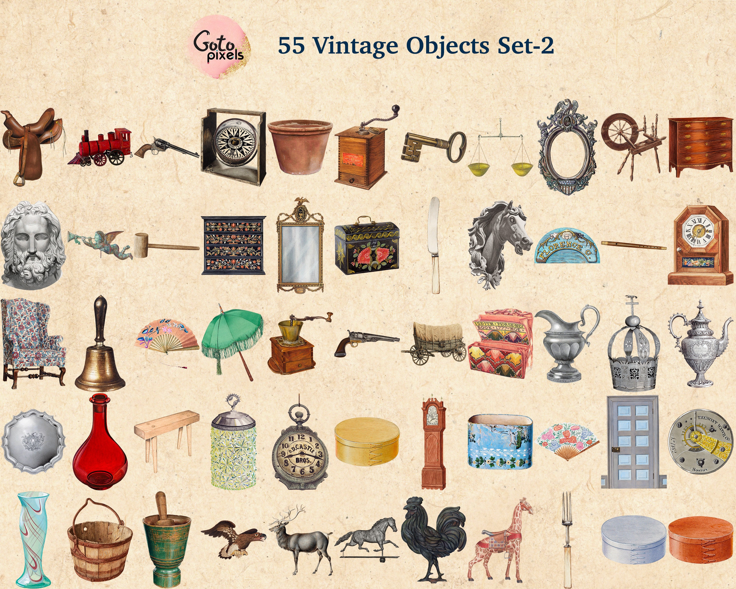 55 Old Things Clip Art Vintage Antique Objects and Overlays - Etsy