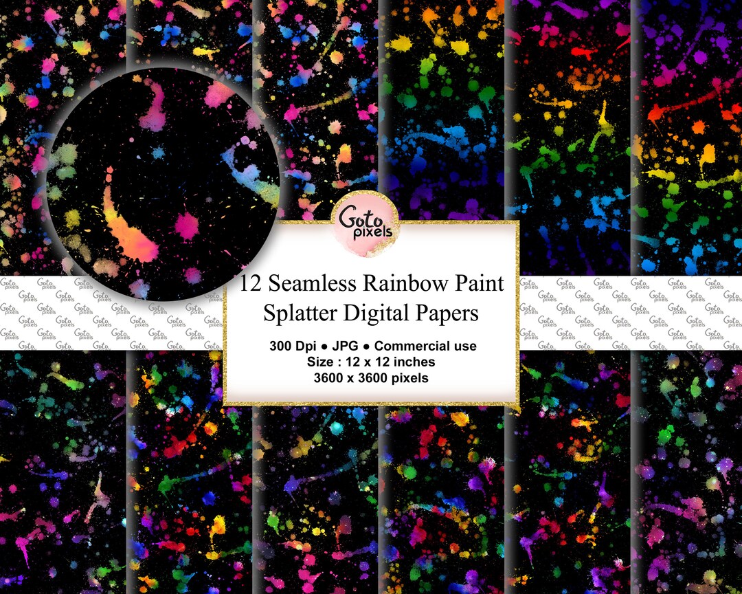 Rainbow Paint Splatter on Black Digital Papers,seamless Printable ...