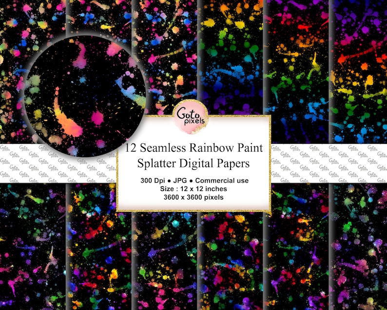 Rainbow Paint Splatter on Black Digital Papersseamless - Etsy