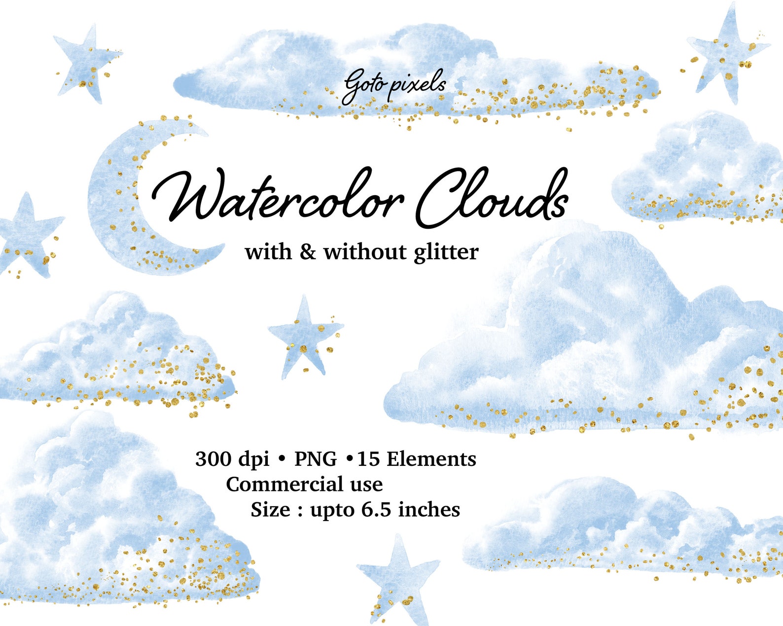 Blue Blue Watercolor Clouds Clipart With Gold Glitter Glitter | Etsy