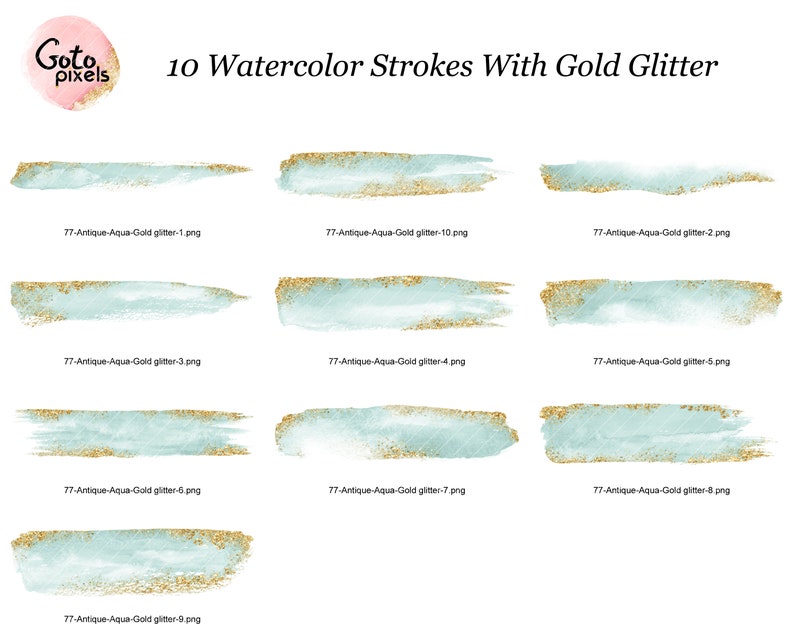 Aqua Watercolor Brush Strokes Clipart: Gold Glitter Splash (PNG Digital ...