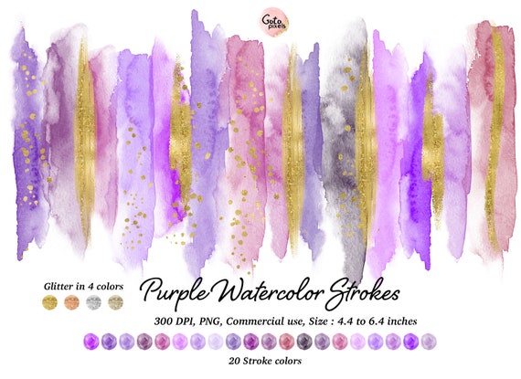 Purple Watercolor Brush Strokes Clipart Purple and Gold | Etsy