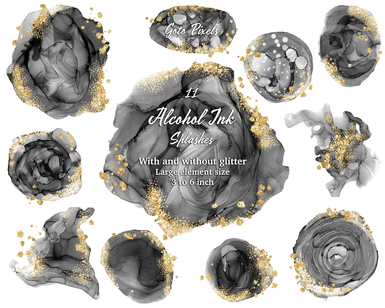 Black & Gold Watercolor Splash Clipart: Alcohol Ink Logo Background ...