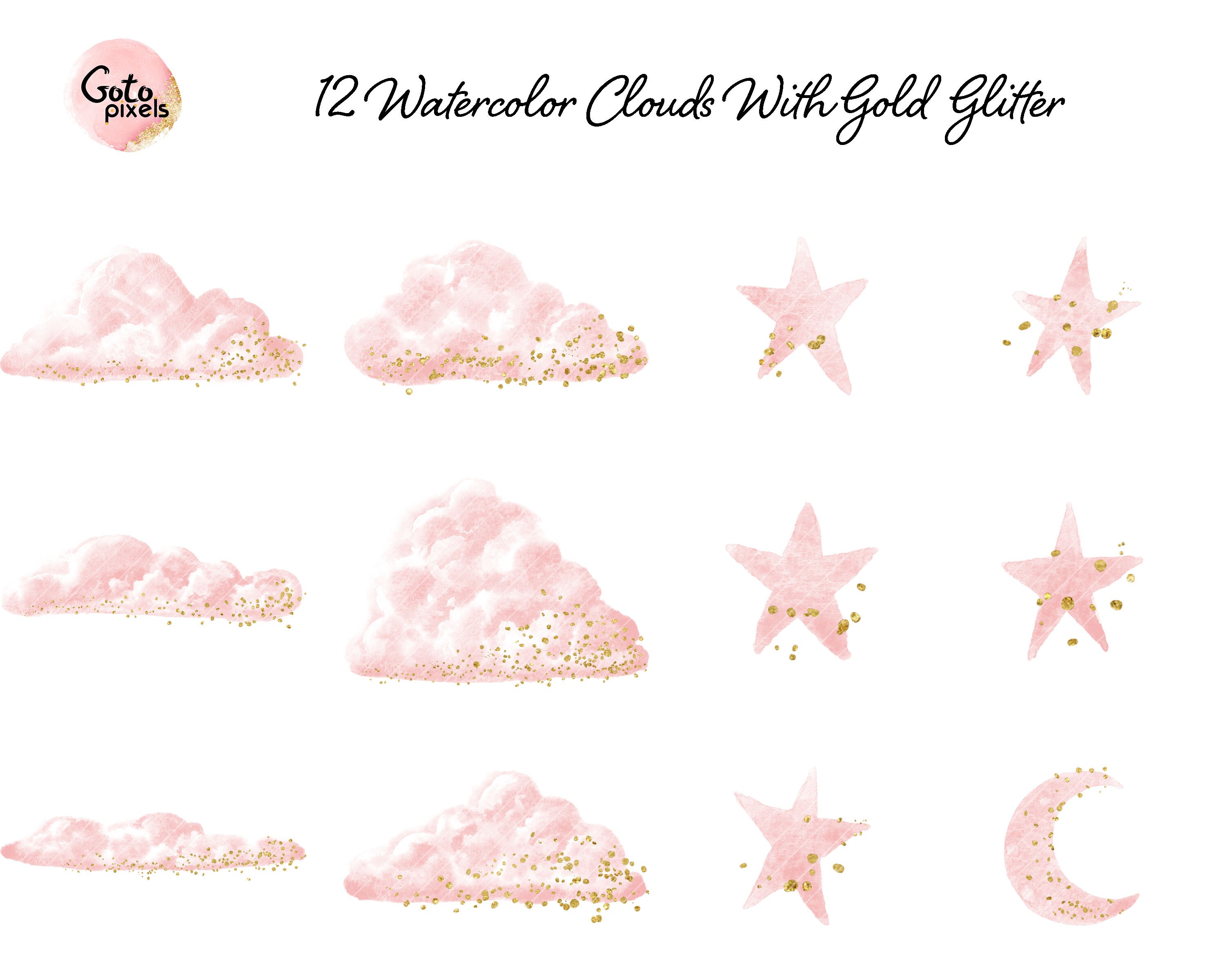 Pink Watercolor Clouds Clipart With Gold Glitter Glitter - Etsy