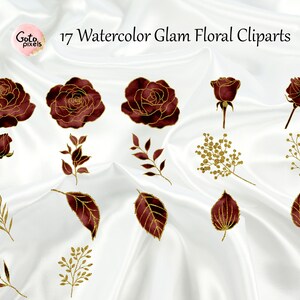 Burgundy Watercolor and Gold Glam Rose Clip Art, Digital Instant ...
