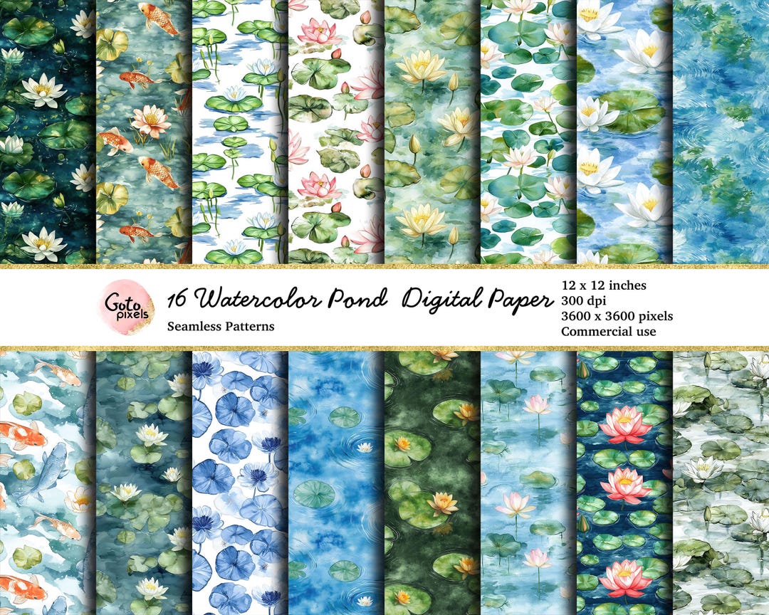 Watercolor Lotus Flower Seamless Patterns: Pond Digital Paper (digital ...