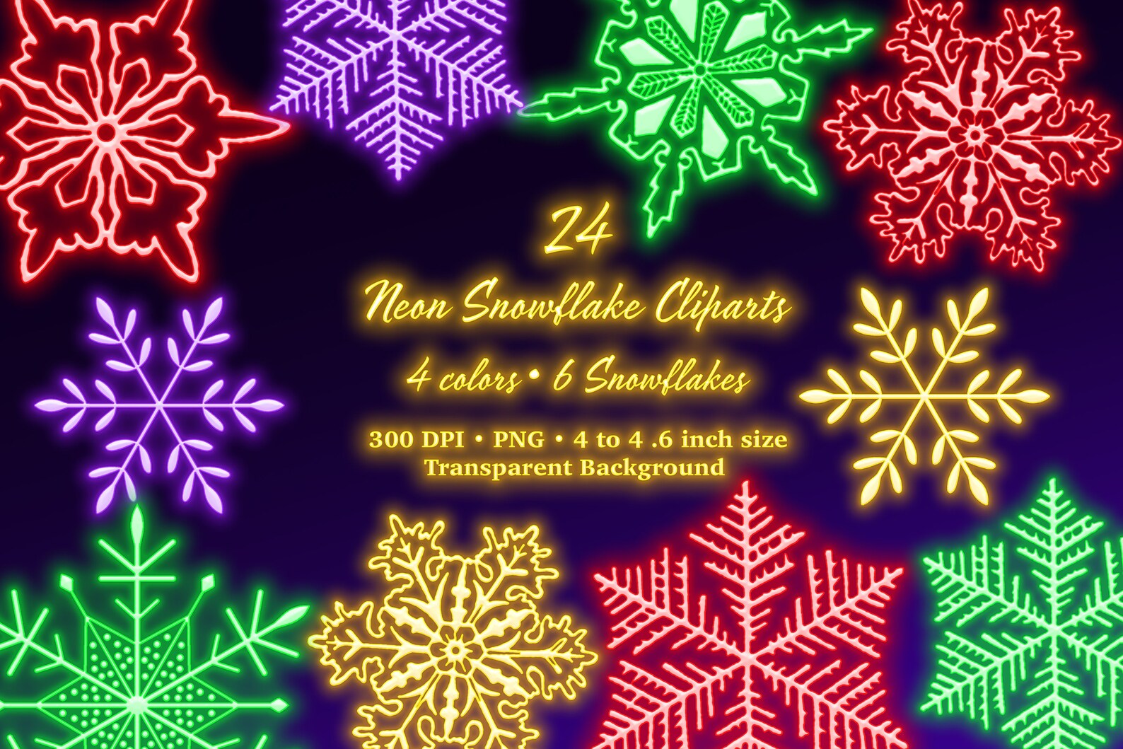Neon Snowflakes PNG Clipart Transparent Background Yellow - Etsy