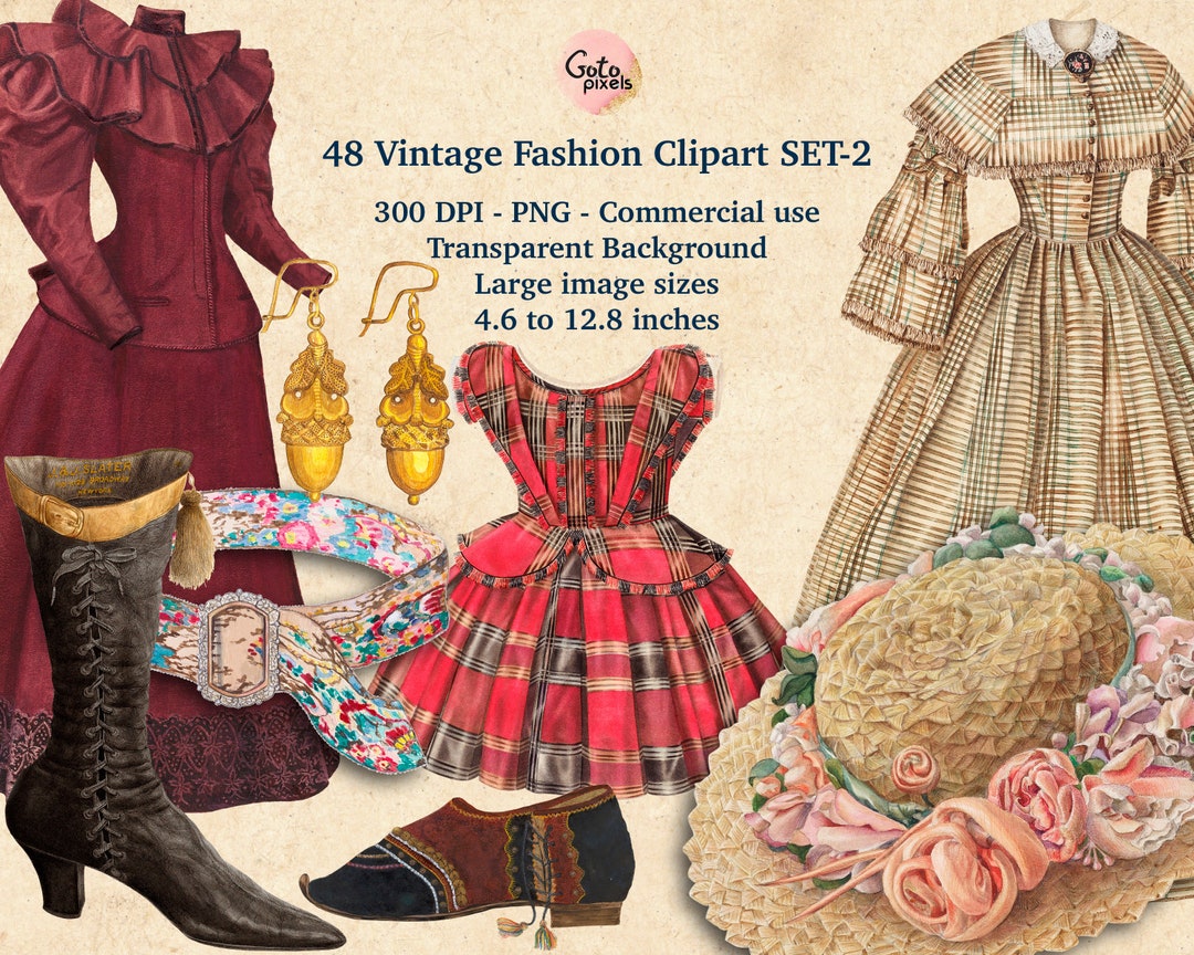 48 Vintage Fashion Illustrations Clipart Set 2 - Vintage Antique ...