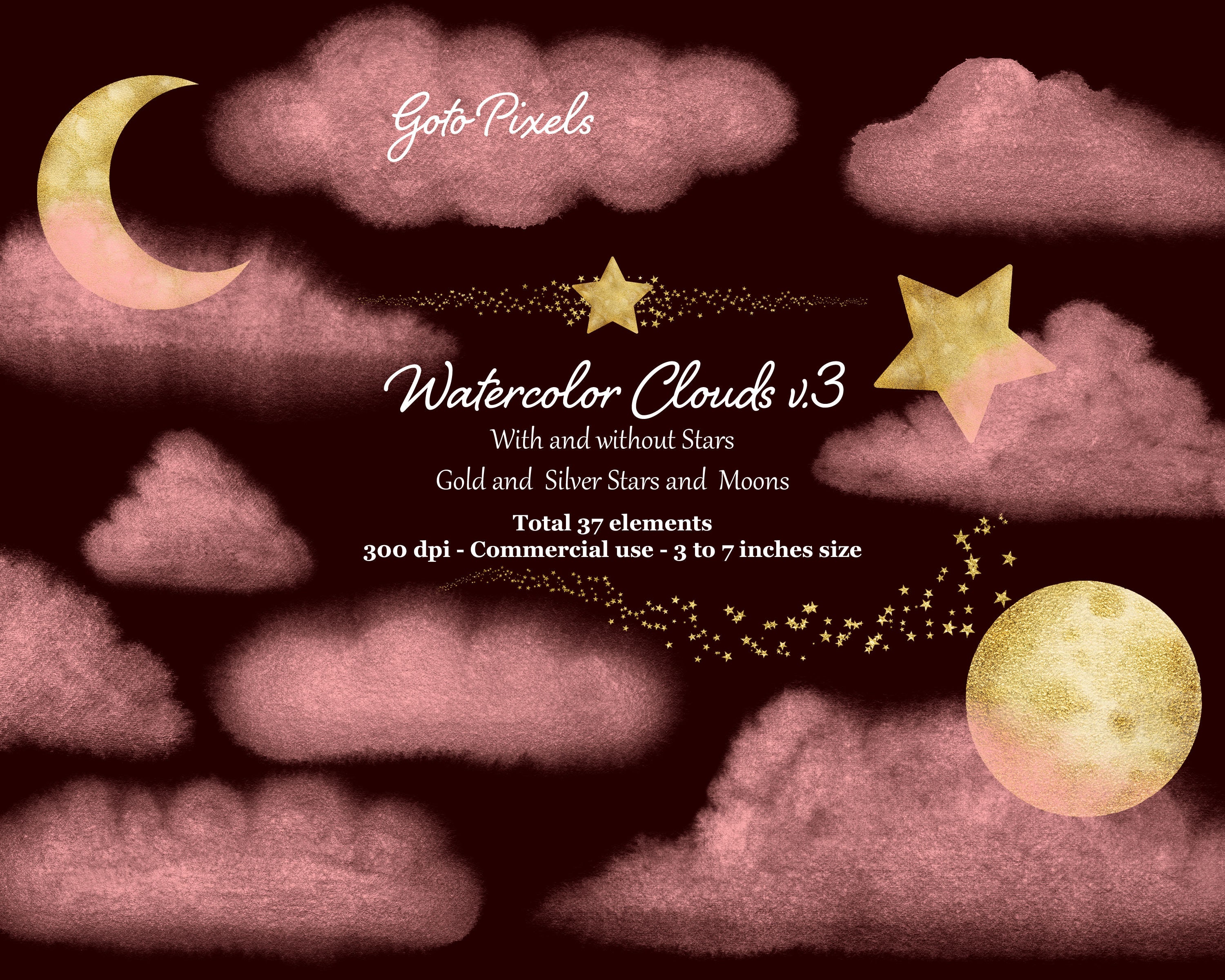 Pink Watercolor Clouds Clipart With Gold Stars Glitter Clouds - Etsy