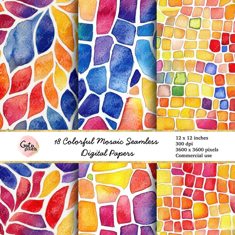 Watercolor Mosaic Digital Paper: Colorful Seamless Textures (digital ...
