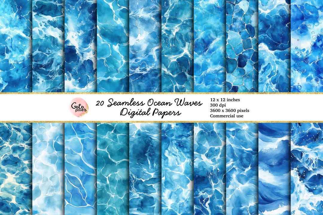 Ocean Waves Water Digital Paper, Seamless Watercolor Waves Textures ...