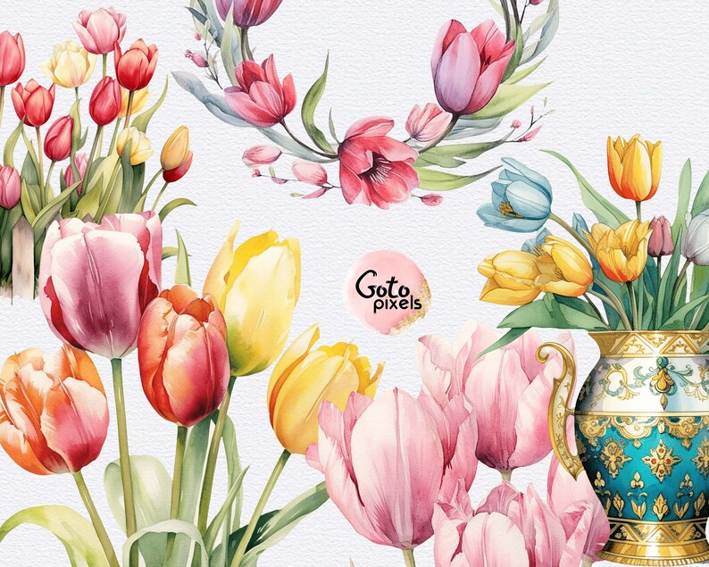 Watercolor Tulips Clip Art - PNG Format Flower Clipart Instant Download ...