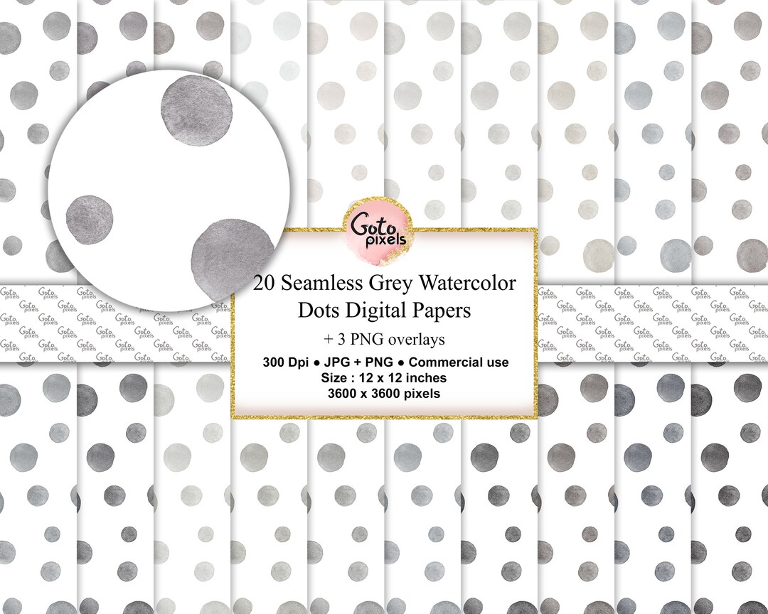 Watercolor Grey Polka Dot Digital Paper: Gold Confetti Overlays ...