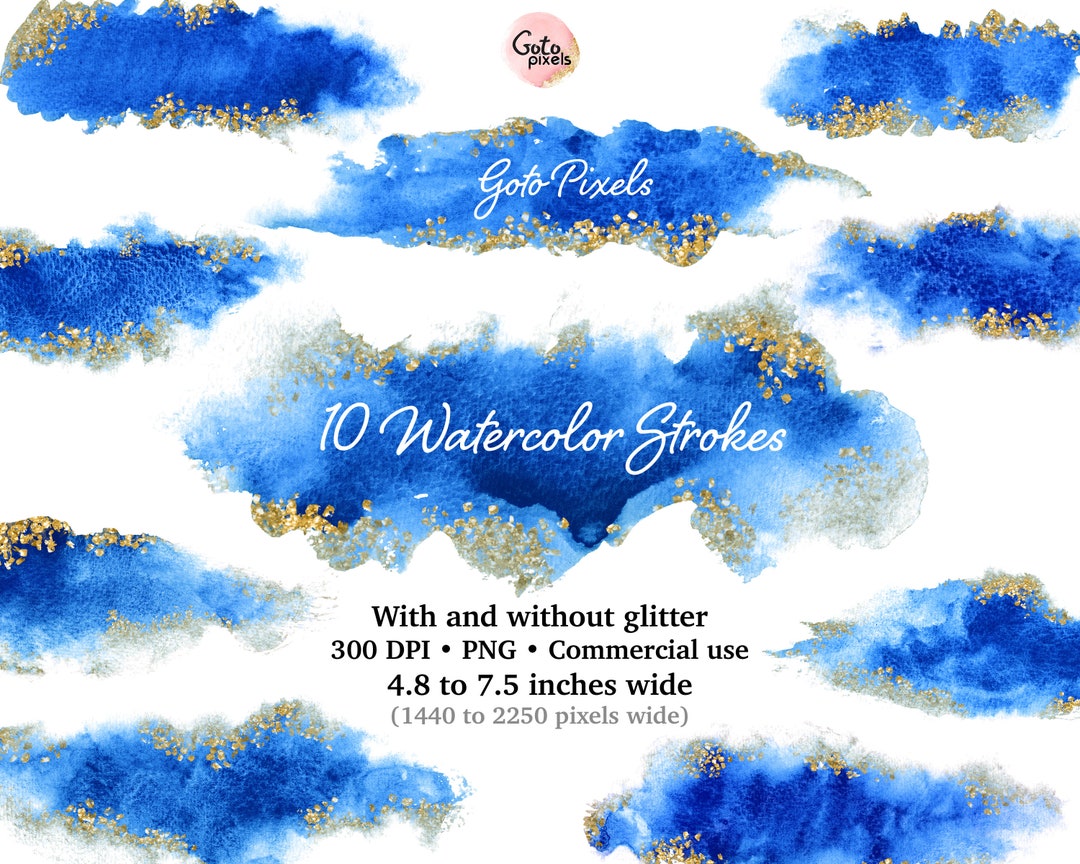 Blue Watercolor Brush Strokes Clipart: Gold & Silver Glitter (digital ...