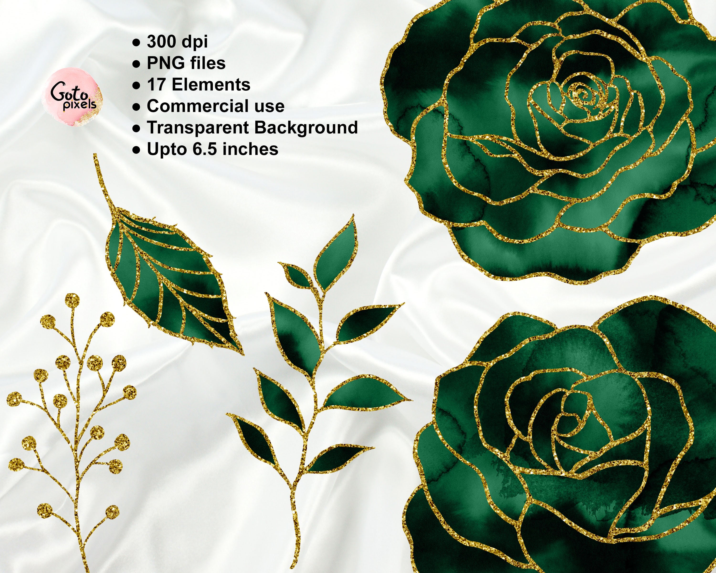 Emerald Watercolor and Gold Glam Rose Clip Art Digital | Etsy