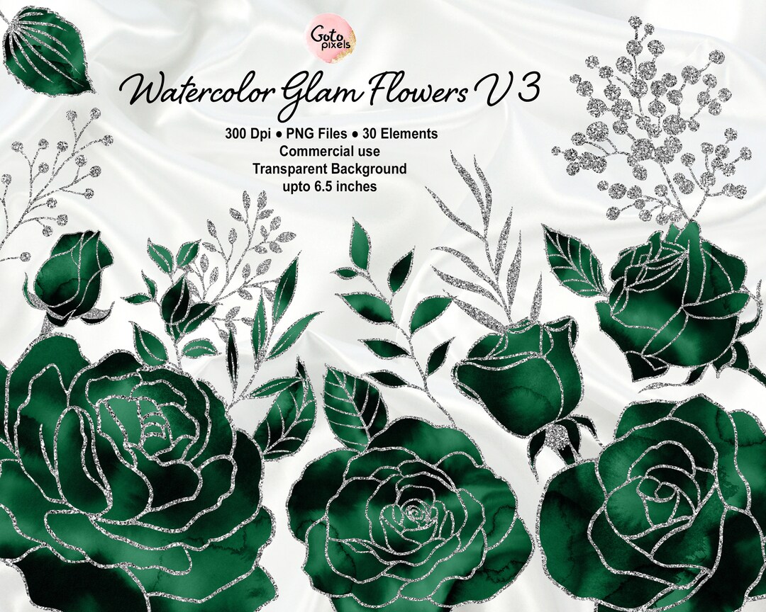 Emerald Rose Clipart: Watercolor Silver Glitter Flowers (digital ...