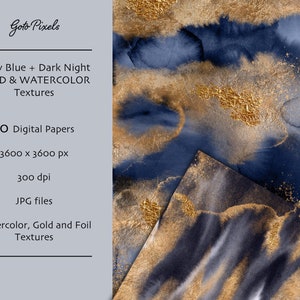 Navy Blue Digital Papers With Gold Foil, Watercolor Digital Paper ...