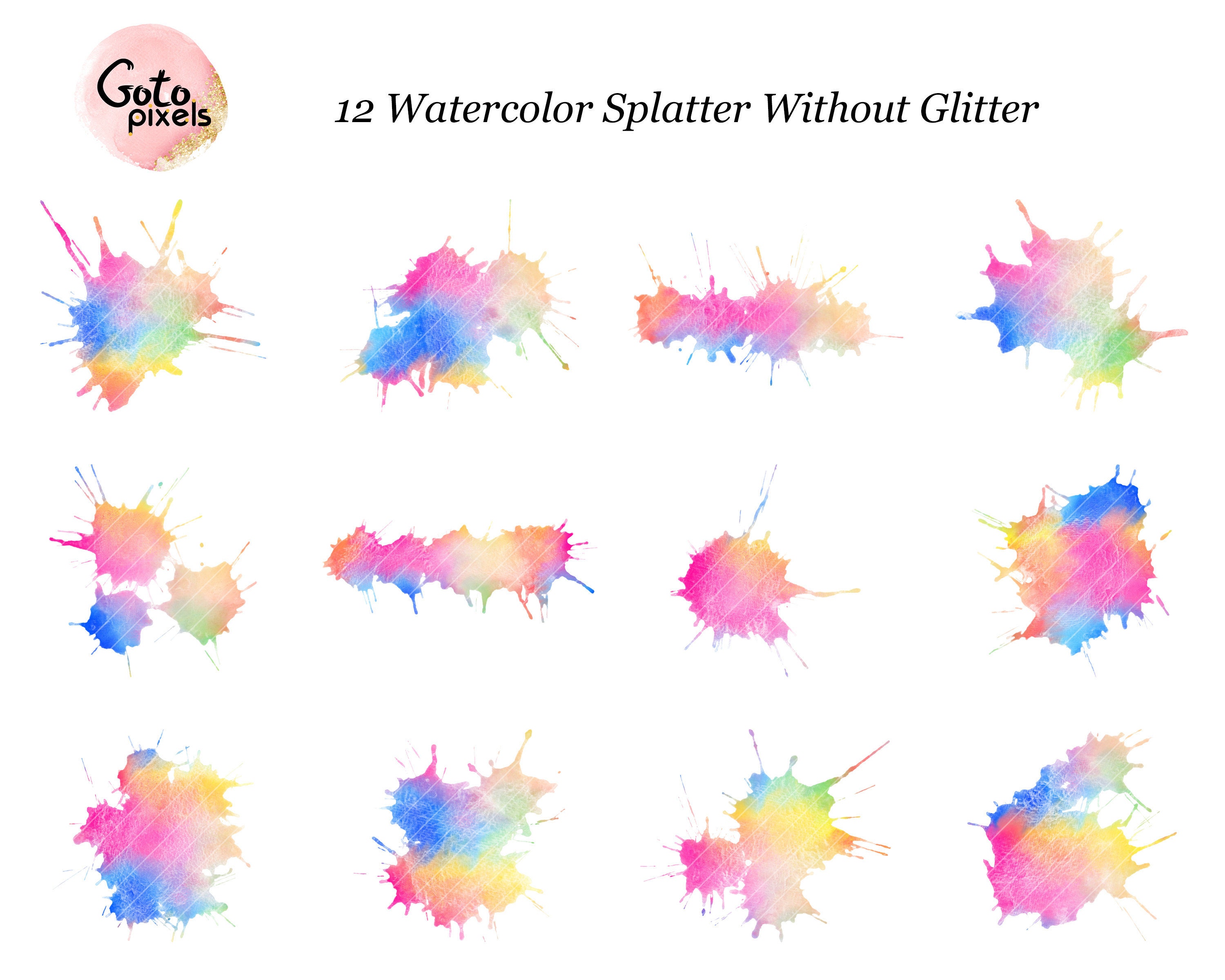 Rainbow Watercolor Splatter Clipart: Glitter Splash Backgrounds (PNG ...