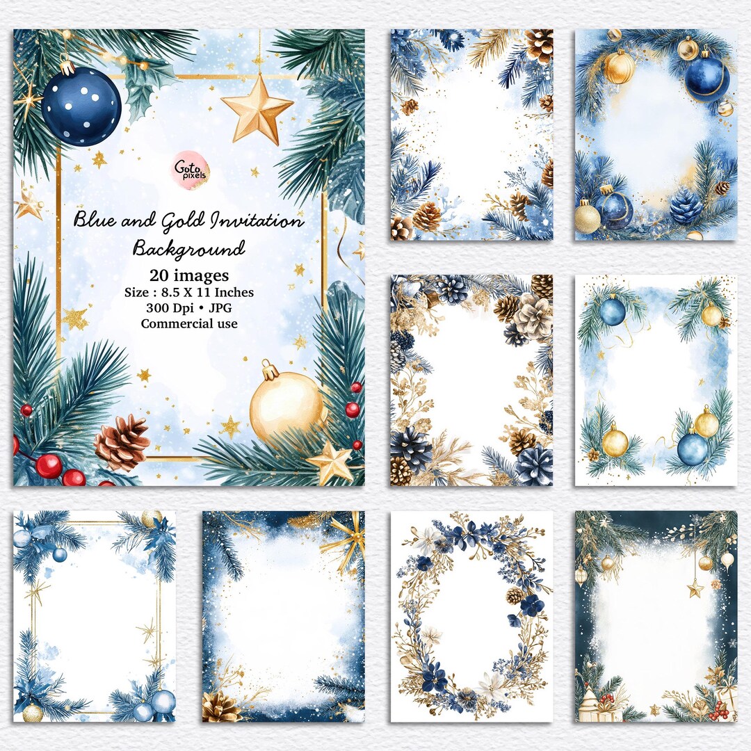 Christmas Invitation Background: Blue & Gold Winter Wedding (digital ...