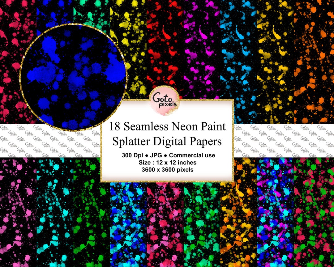 Neon Paint Splatter on Black Digital Papers,seamless Printable ...