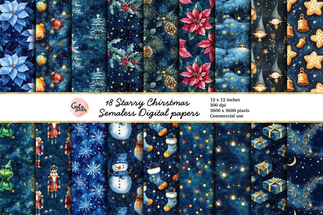 Starry Night Christmas Digital Paper: Seamless Ornaments (digital ...