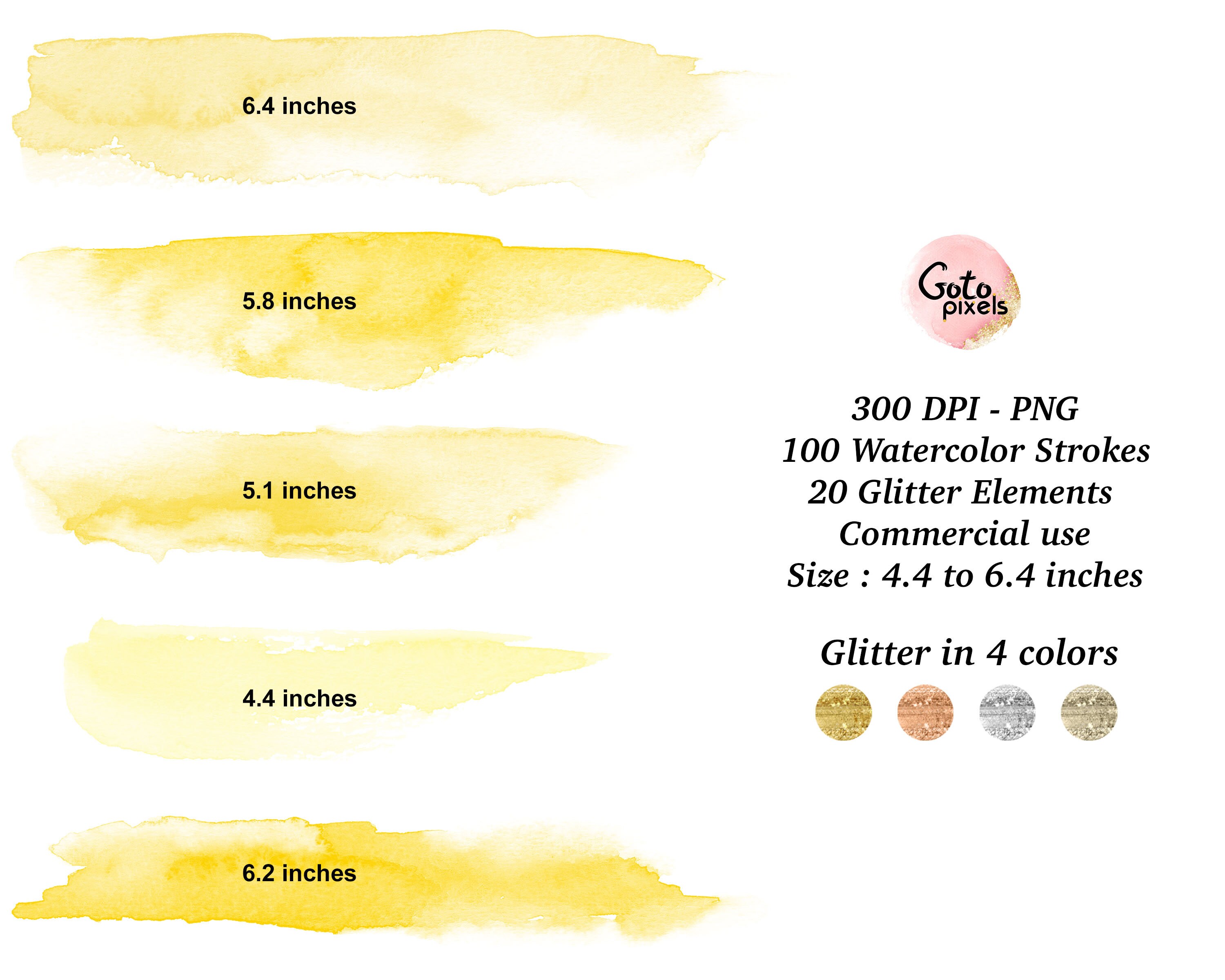 Yellow Watercolor Brush Strokes Clipart: Gold Glitter Accents (PNG ...