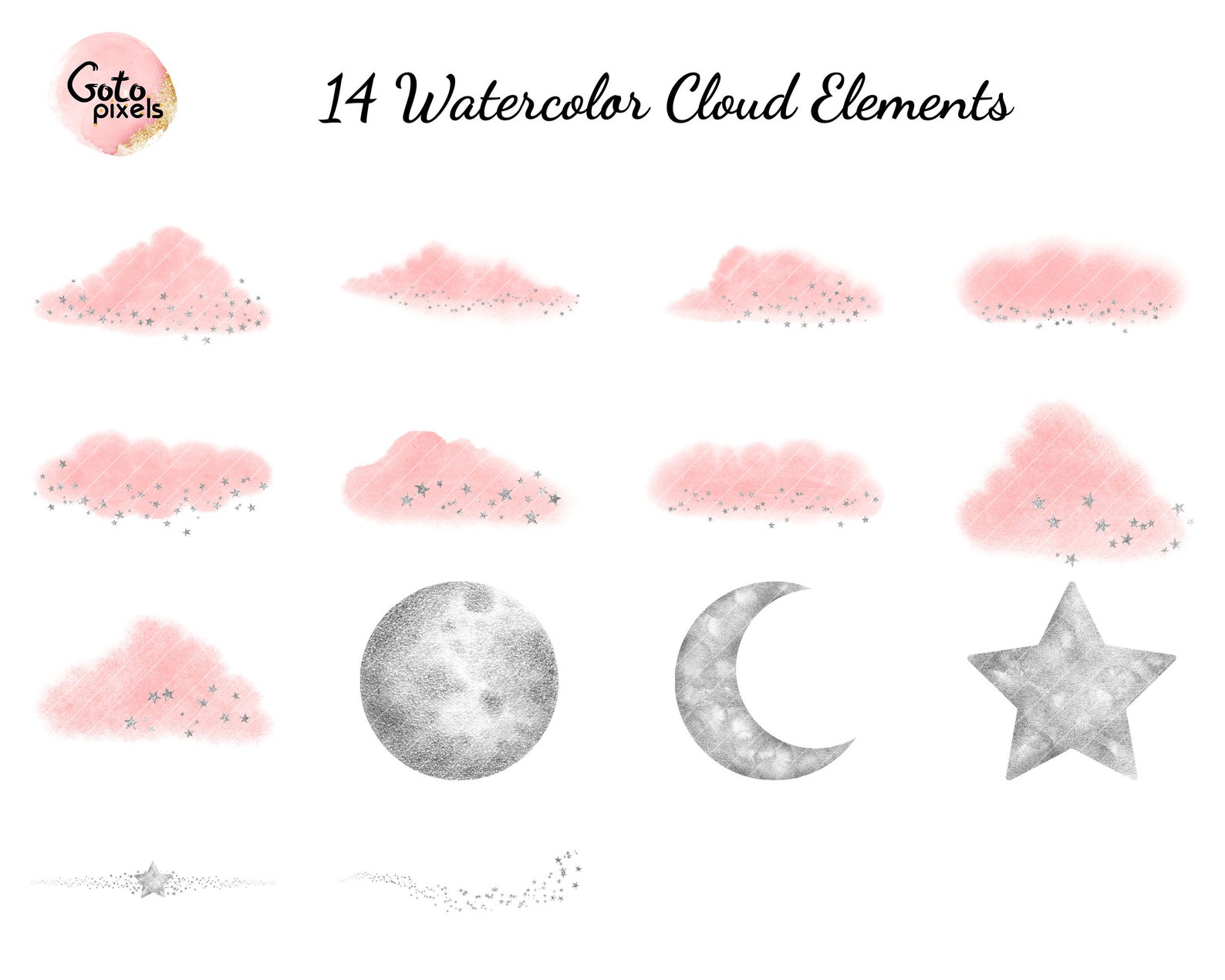 Pink Watercolor Clouds Clipart With Gold Stars Glitter Clouds - Etsy
