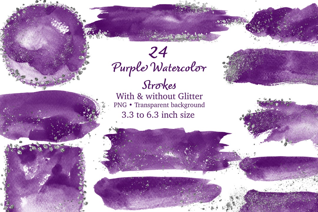 Purple Watercolor Brush Strokes Clipart, Silver Glitter Brush Strokes ...