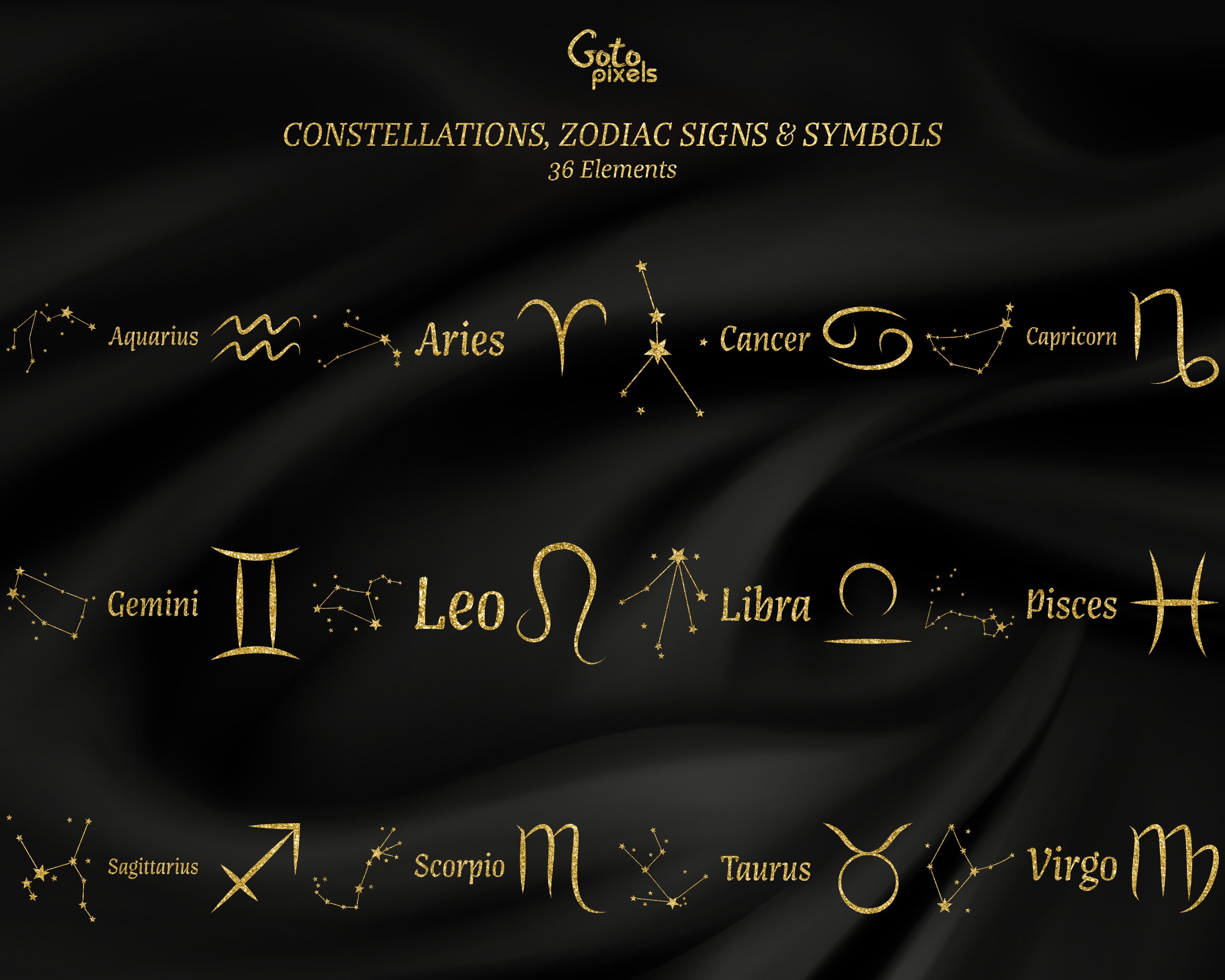 Gold Glitter Zodiac Constellations Clipart: Celestial PNG (digital ...