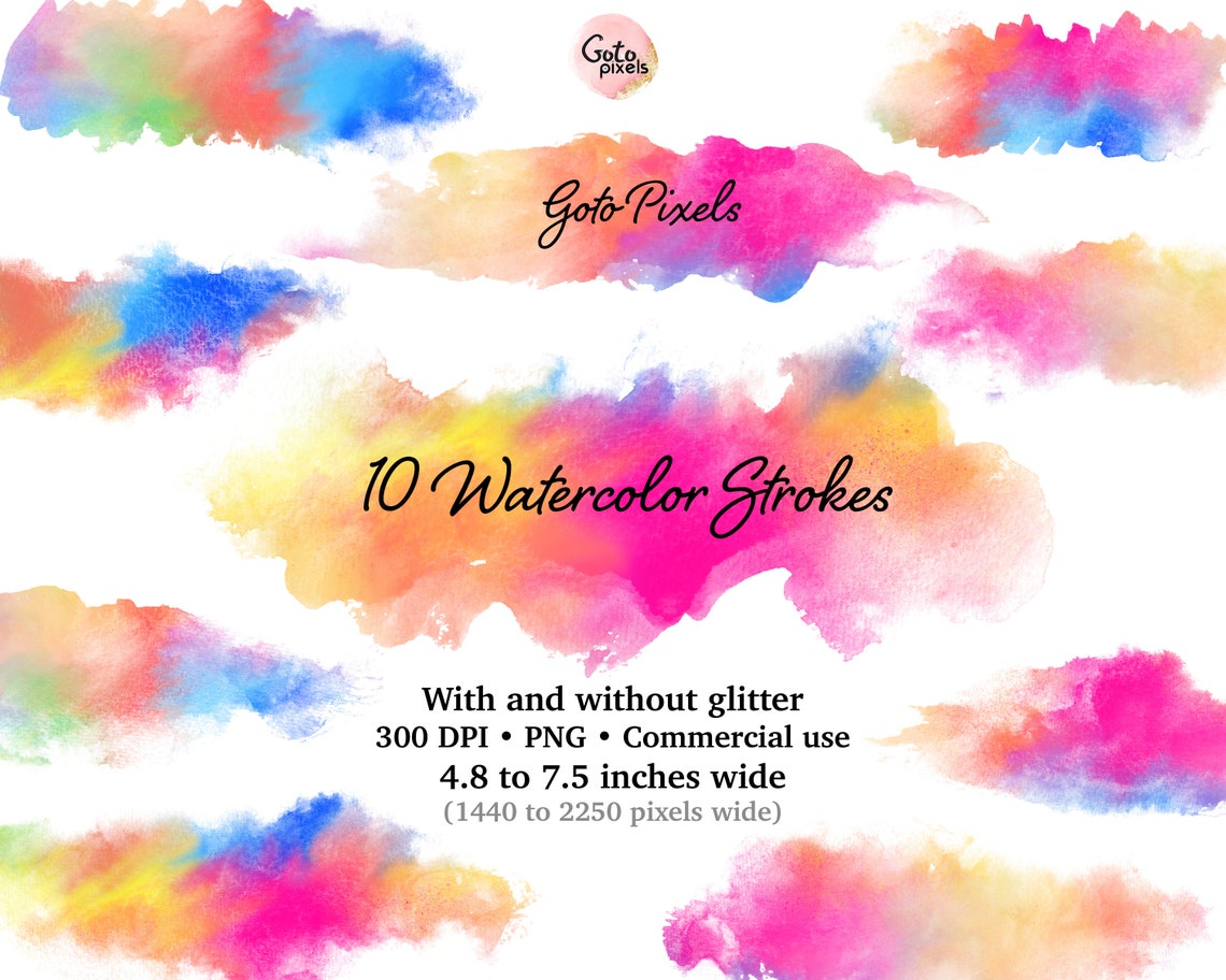 Rainbow Watercolor Brush Strokes Clipart: Gold Glitter Splash (digital ...
