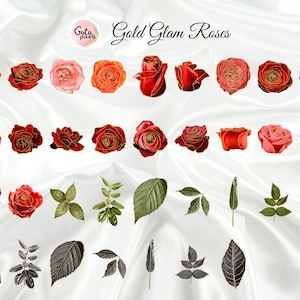 Red Rose Clip Art With Gold Glitter Rose, Digital Instant Download ...