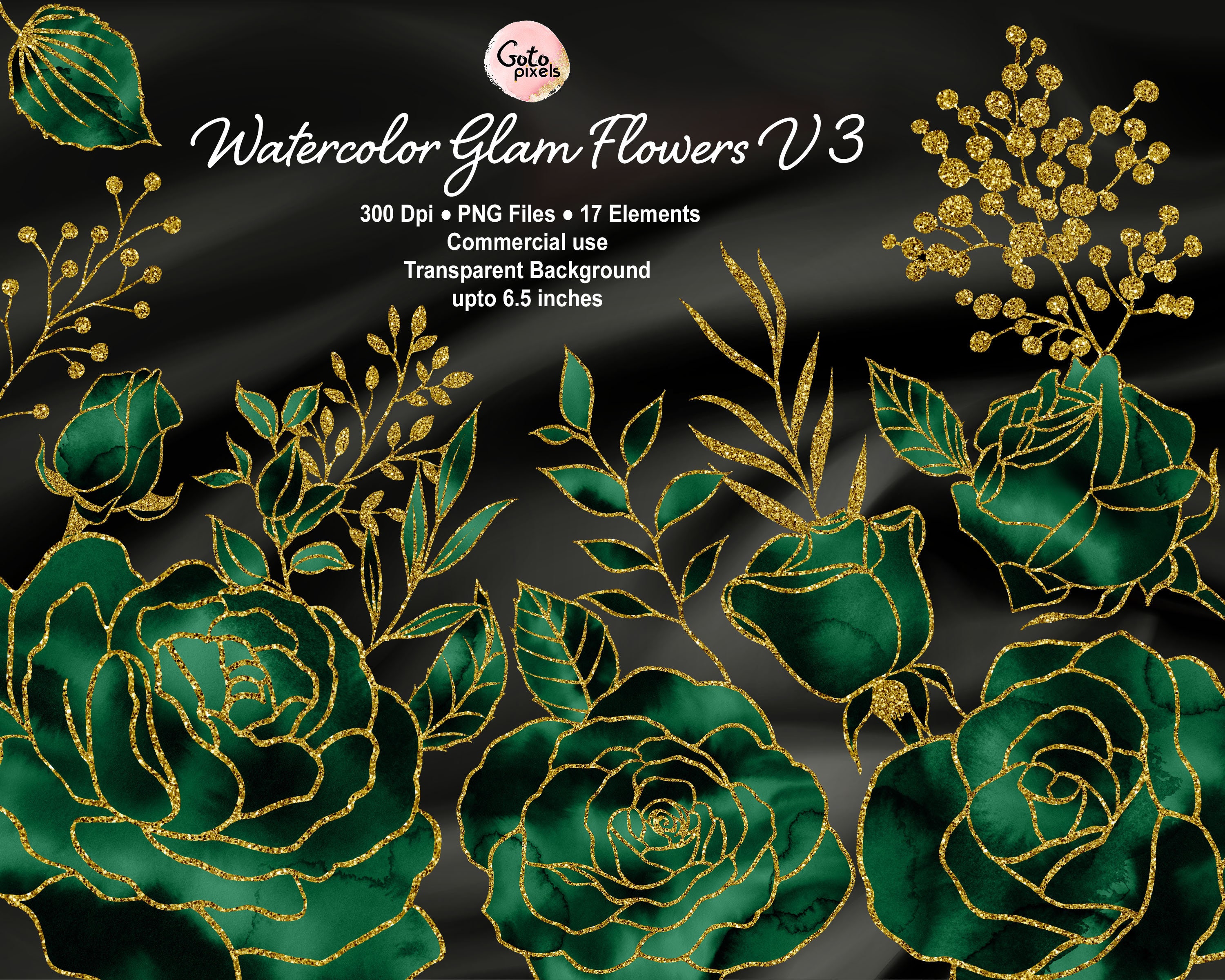 Emerald Rose Clipart: Gold Glitter Watercolor Flowers (digital Download ...