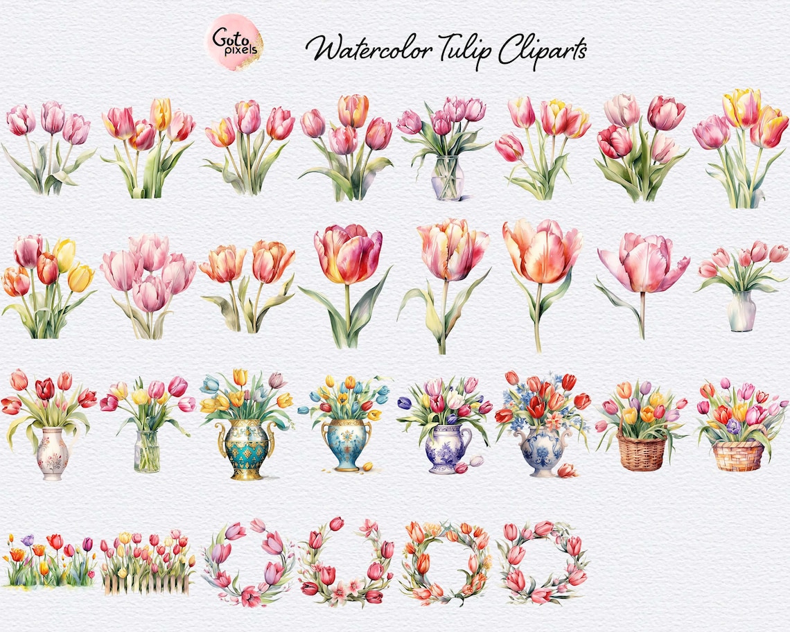 Watercolor Tulips Clip Art - PNG Format Flower Clipart Instant Download ...