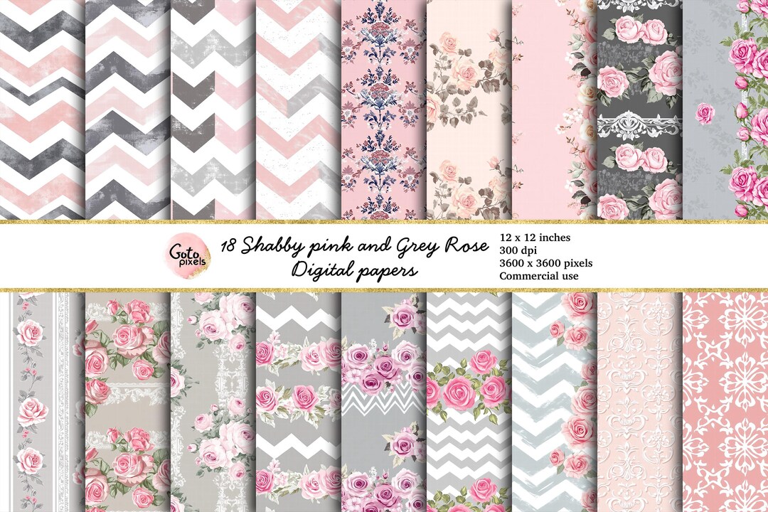 Pink & Gray Floral Digital Paper: Shabby Chic Seamless Patterns ...