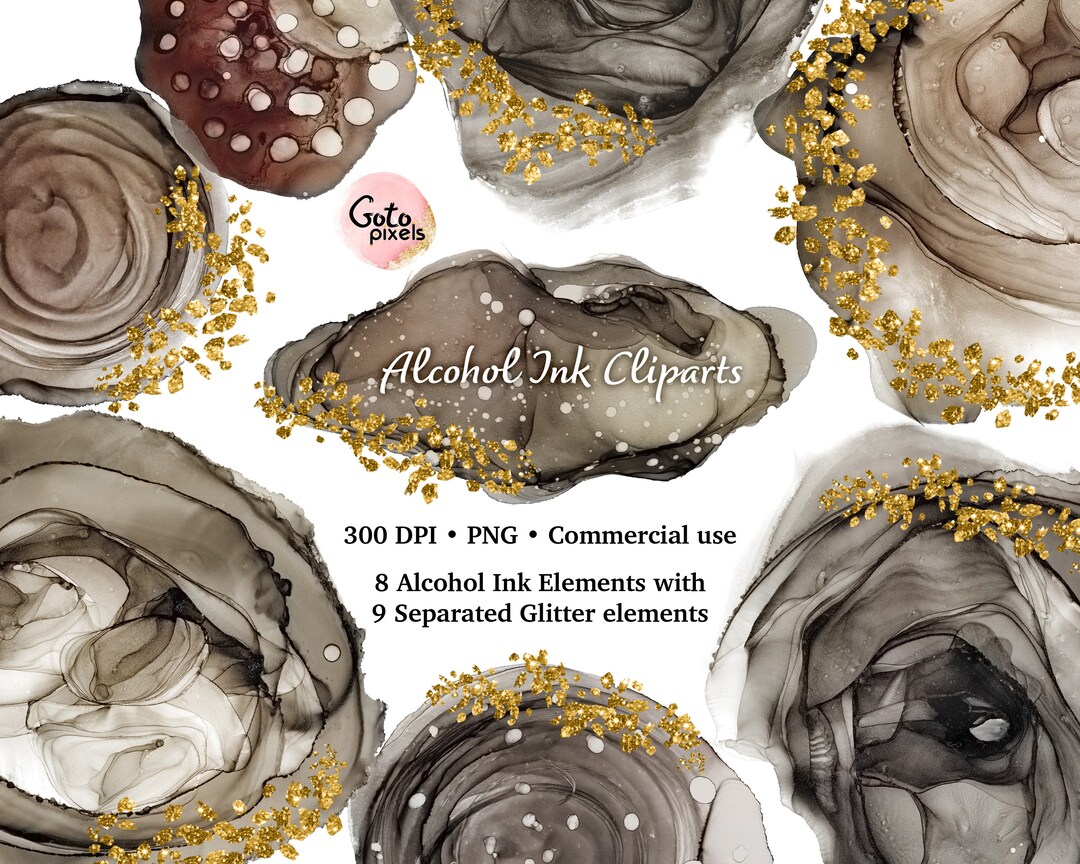 Grey Alcohol Ink & Gold Glitter Clipart: Watercolor Strokes (PNG ...