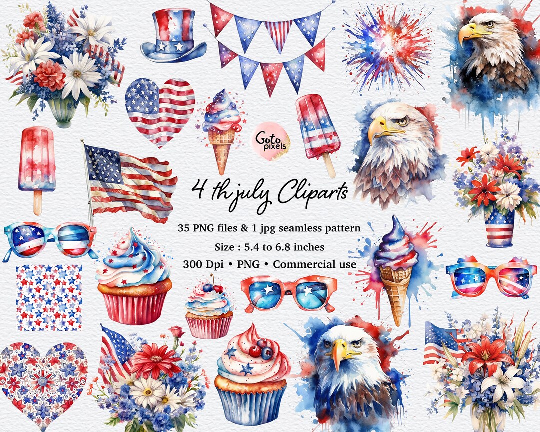 Watercolor Fourth of July Clipart, Patriotic Cliparts, Digital Png ...
