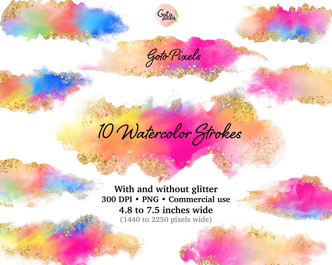 Rainbow Watercolor Brush Strokes Clipart: Gold Glitter Splash (digital ...