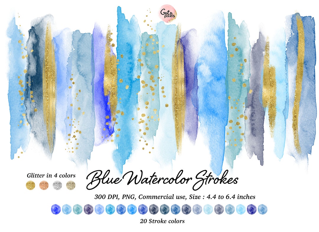 Blue Watercolor Brush Strokes Clipart, Blue and Gold Watercolor Strokes ...
