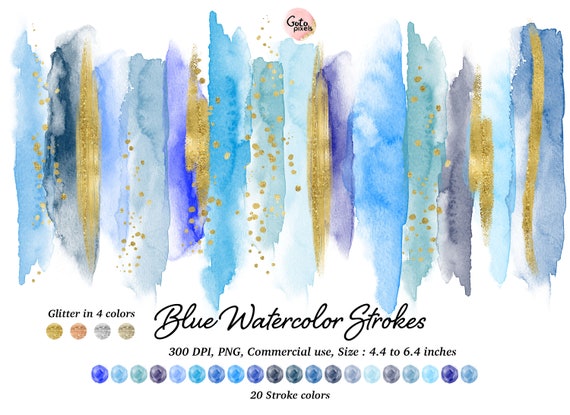 Blue Watercolor Brush Strokes Clipart Blue and Gold - Etsy Canada