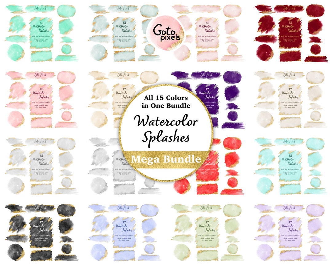 Watercolor Splash Clipart Bundle: Gold Glitter Graphics (digital ...