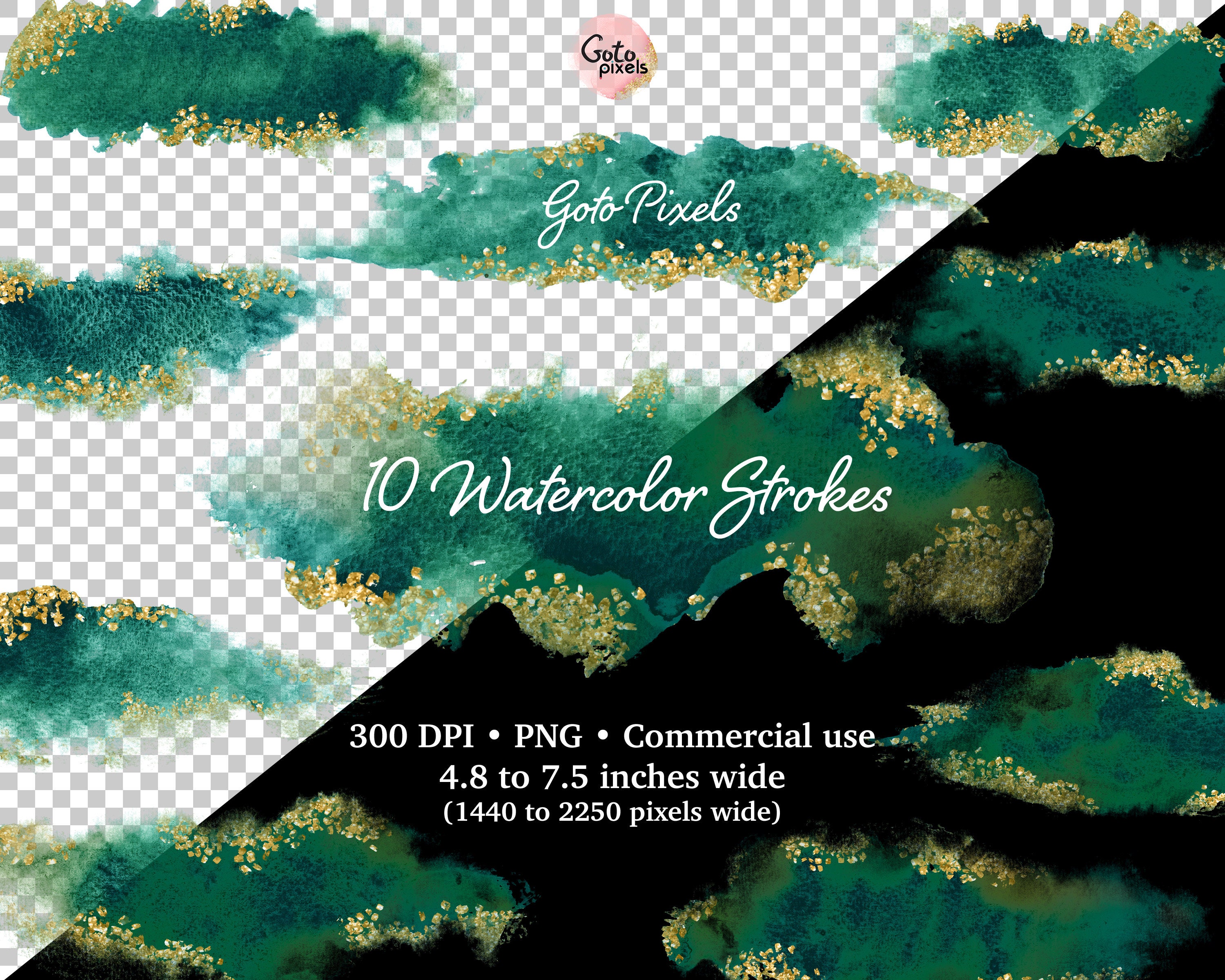 Emerald Watercolor Brush Strokes Clipart: Glitter Splash (digital ...