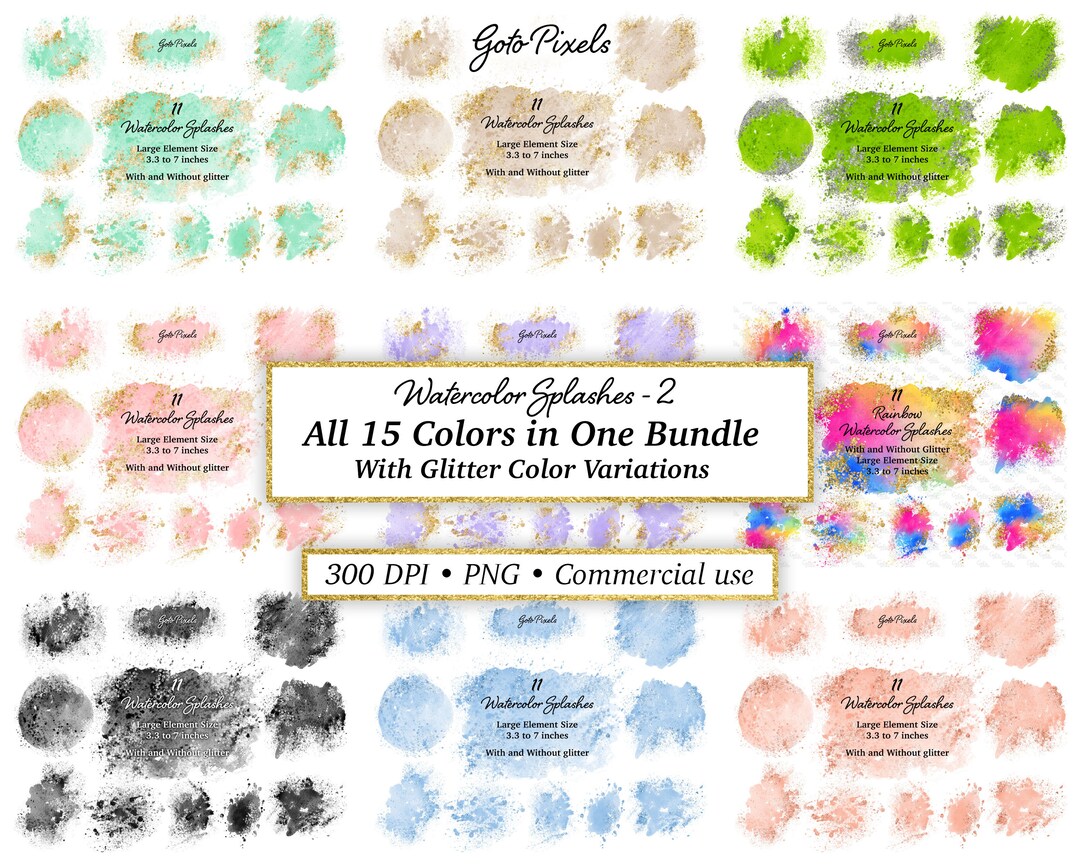 MEGA Watercolor Splash Graphics Bundle -2 - 15 Digital Clip Art Sets ...