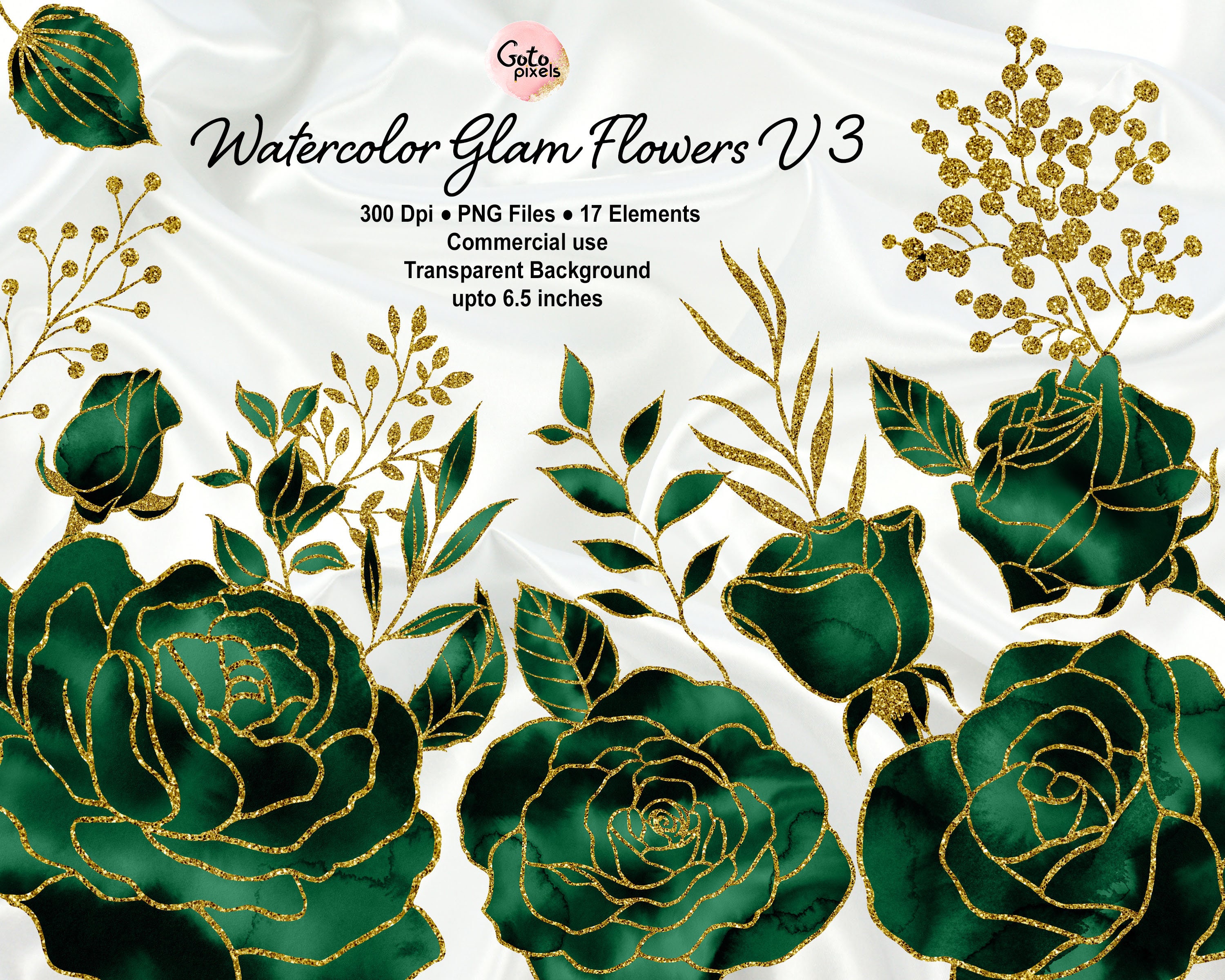 Emerald Watercolor and Gold Glam Rose Clip Art Digital | Etsy