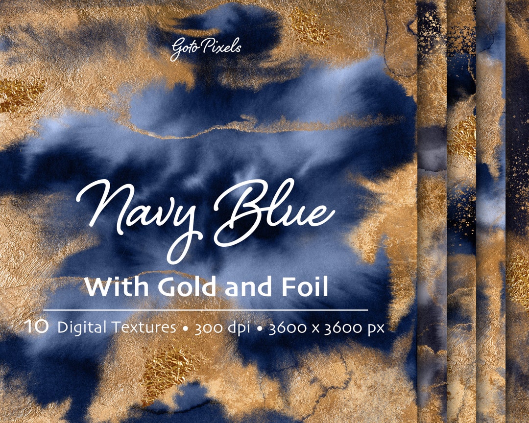 Navy Blue Digital Papers With Gold Foil, Watercolor Digital Paper ...