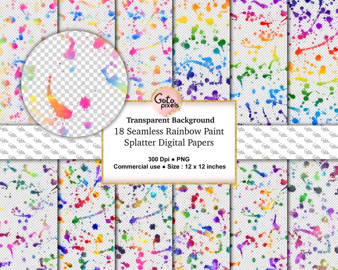 Rainbow Paint Splatter Digital Papers: Transparent Watercolor (digital ...